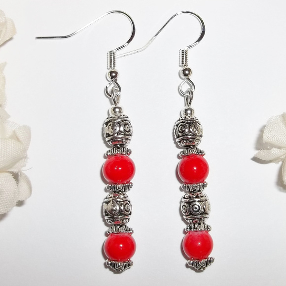 wvluckygirl | Jewelry | Bright Red Silver Earring Set Dangle Handmade ...